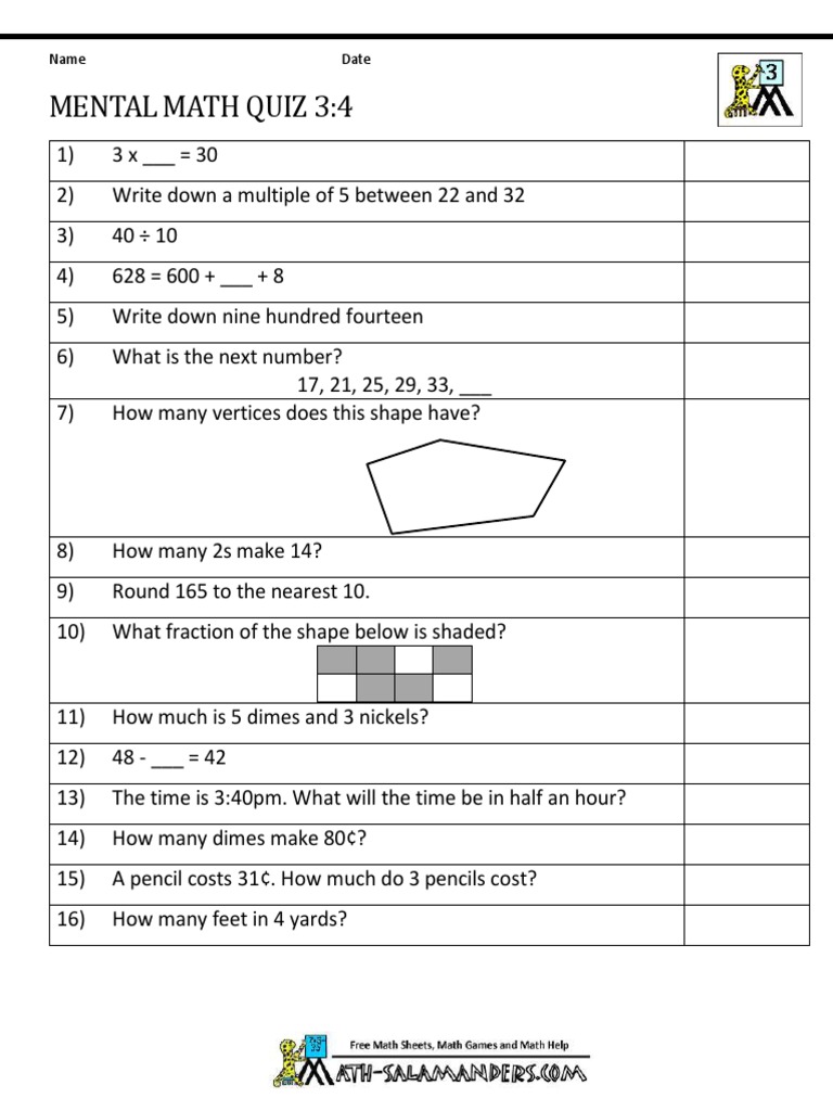 Mental Math Quiz 3rd 4 | PDF
