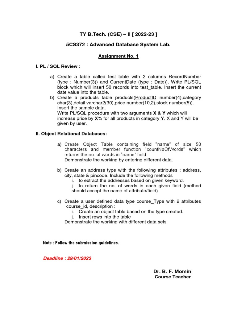 TY B.Tech. (CSE) - II (2022-23) 5CS372: Advanced Database System Lab | PDF