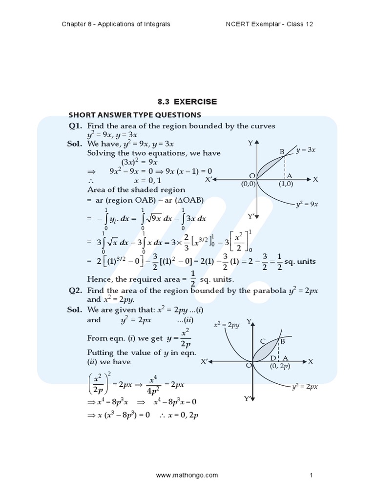 Ncert Exemplar Math Class 12 Chapter 08 Applications of Integrals | PDF ...