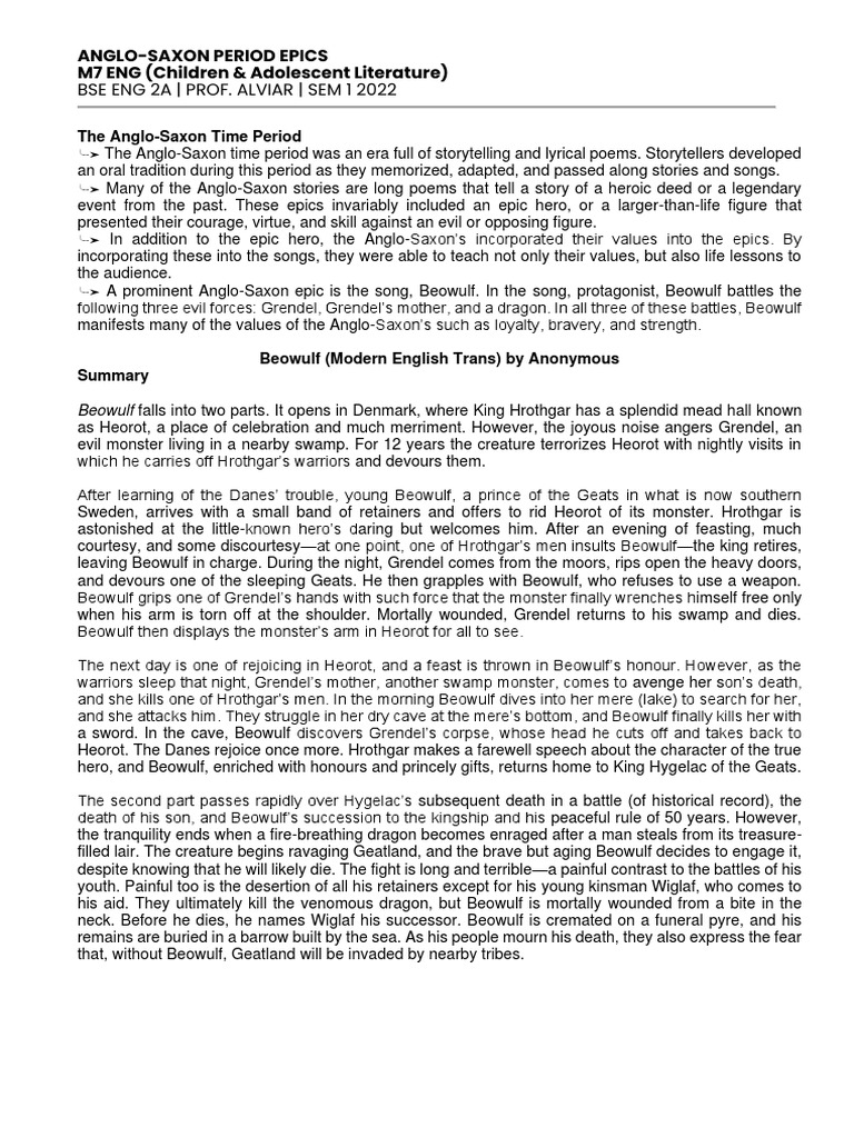 M7 ENG Anglo Saxon Period Epics Edited | PDF | Beowulf | Geats
