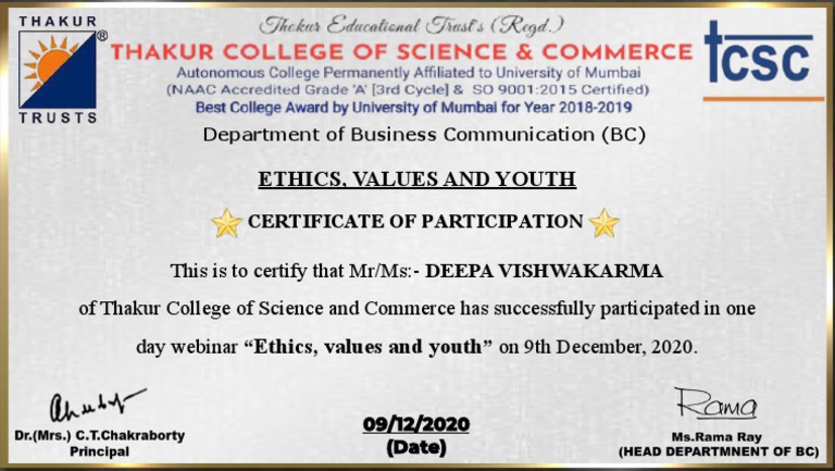 Ethics, Values & Youth Webinar Certificate | PDF