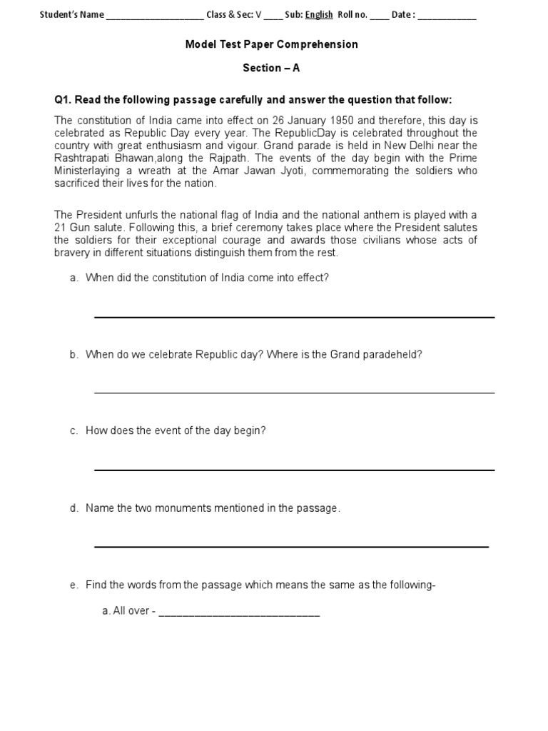 English Model Test Paper for Class V | PDF