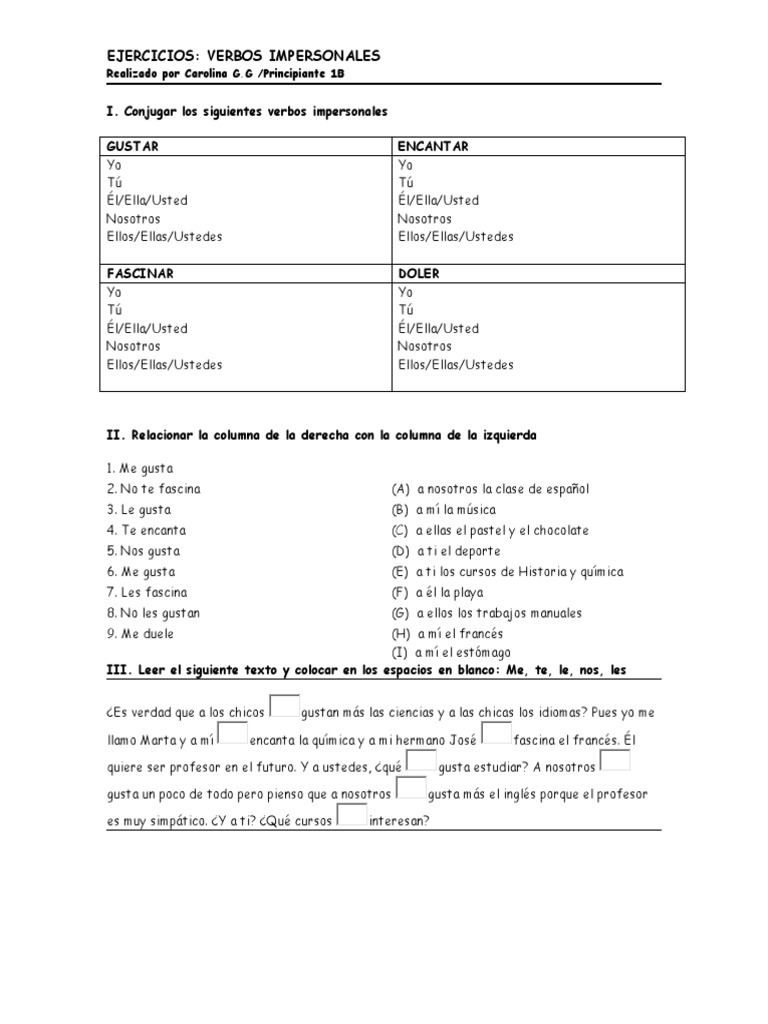 EJERCICIOS Verbos Impersonales Gustar Encantar Fascinar Doler | PDF