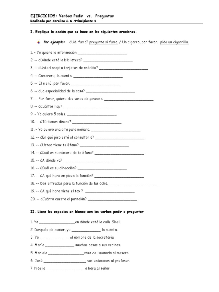 EJERCICIOS Verbos Perdir Vs Preguntar | PDF