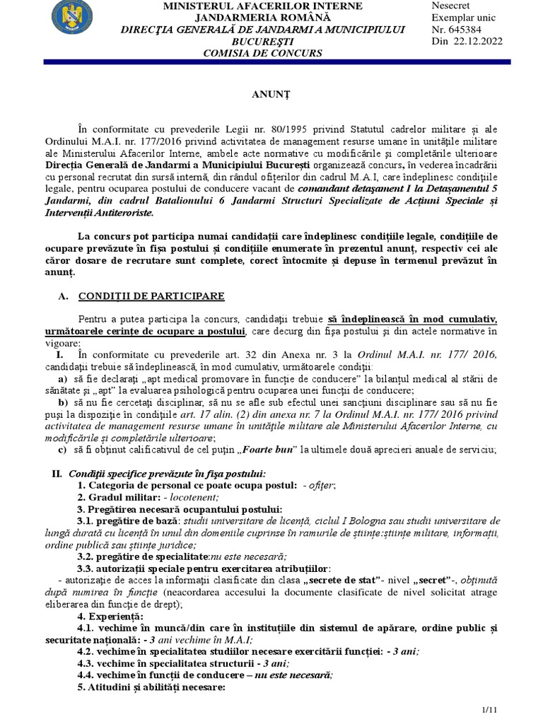 Anunt Concurs Comandant Detasament 5 Batalionul 6 Jandarmi | PDF