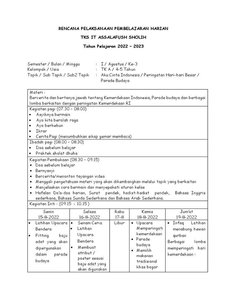 RPPH Paud-A, P5 - Parade Budaya | PDF