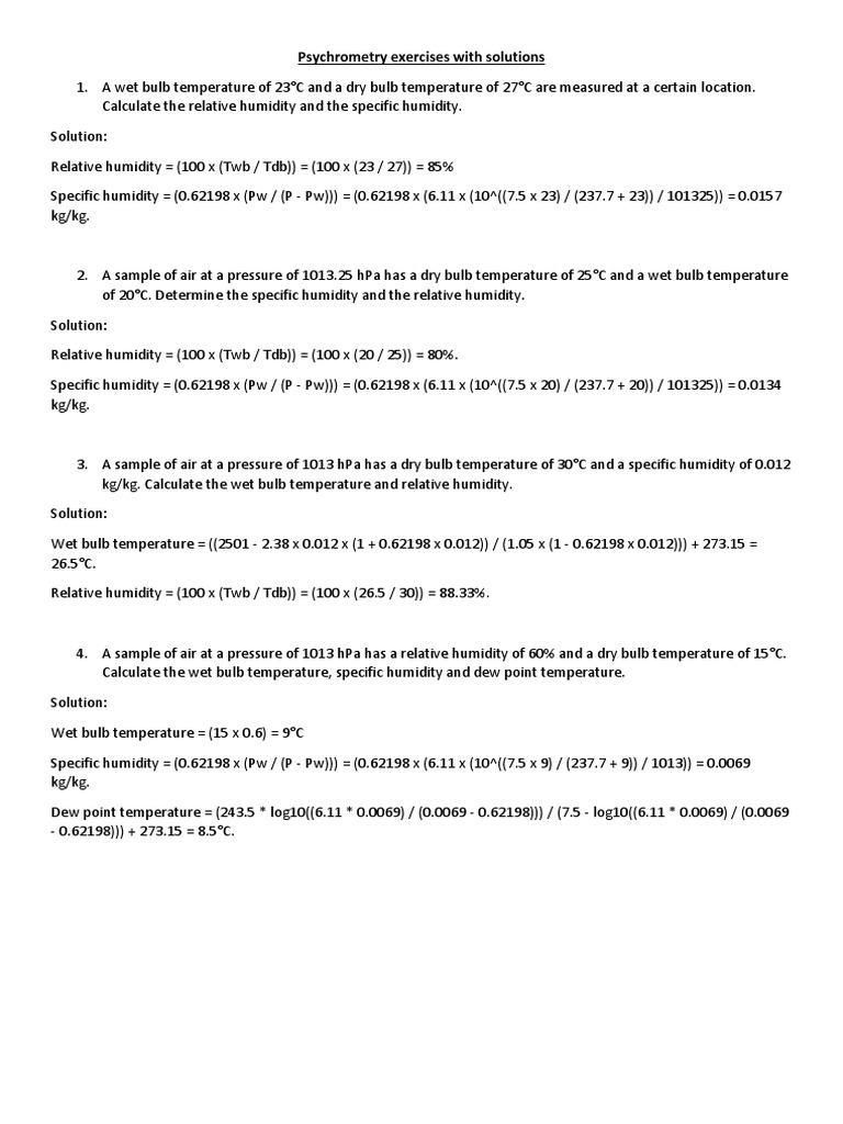 Psychrometry Exercises With Solutions | PDF