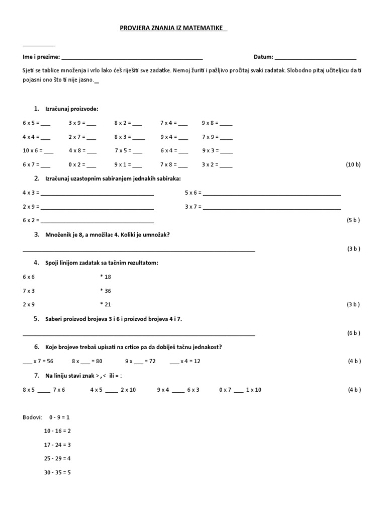 PROVJERA ZNANJA IZ MATEMATIKE, 3. Razred | PDF