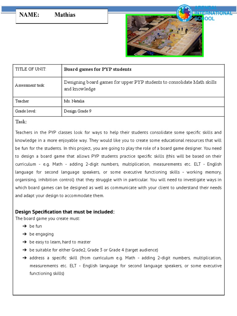 MATHIAS Assessment Instructions and Info Unit 2 Board Games For PYP ...