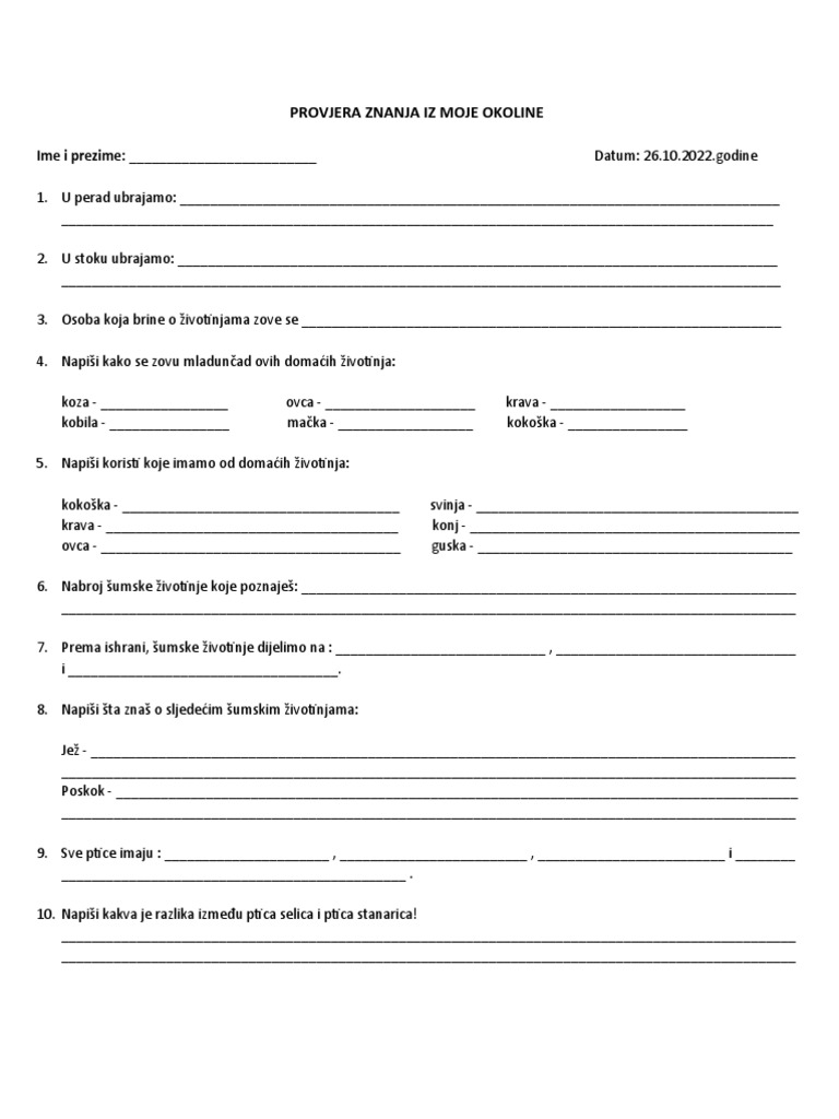 PROVJERA ZNANJA IZ MOJE OKOLINE 3.razred | PDF