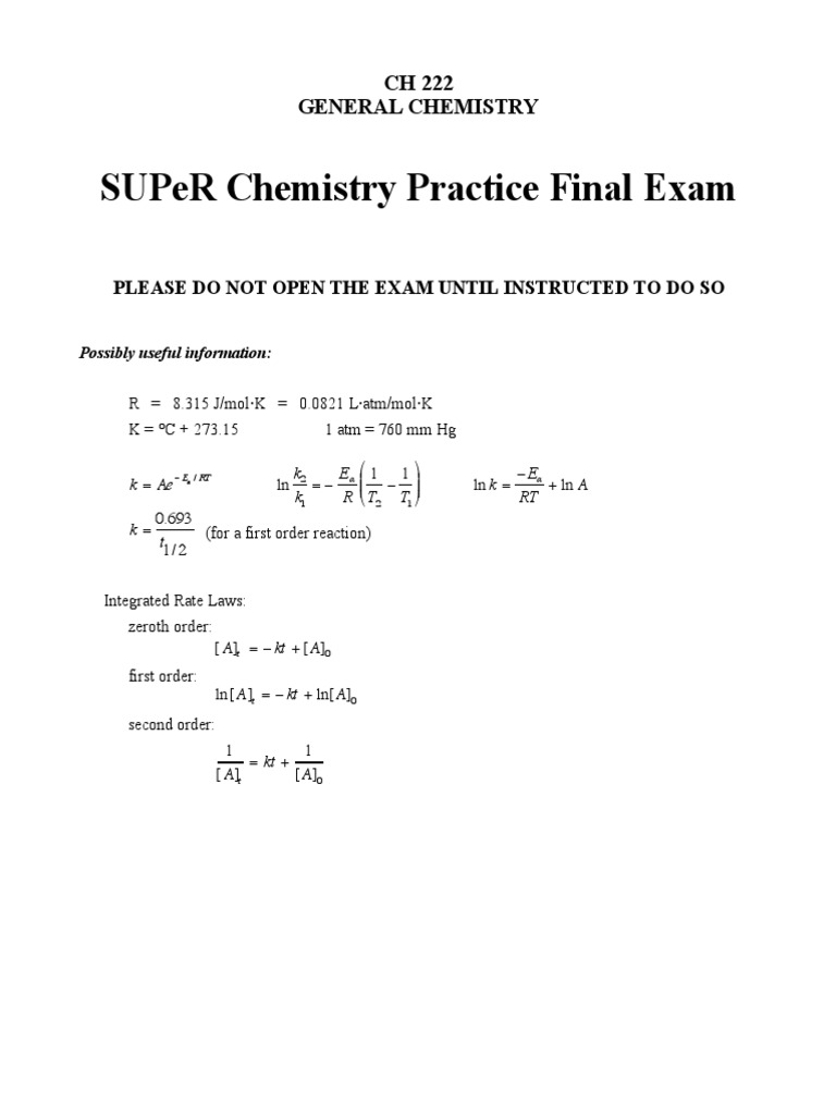 Super Chemistry Practice Final Exam CH222 | PDF | Reaction Rate | Gases