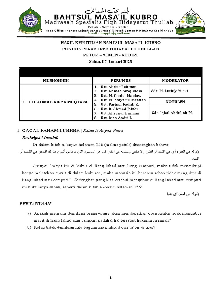 Hasil Keputusan BMK Pp. Hidayatut Thullab Petuk | PDF