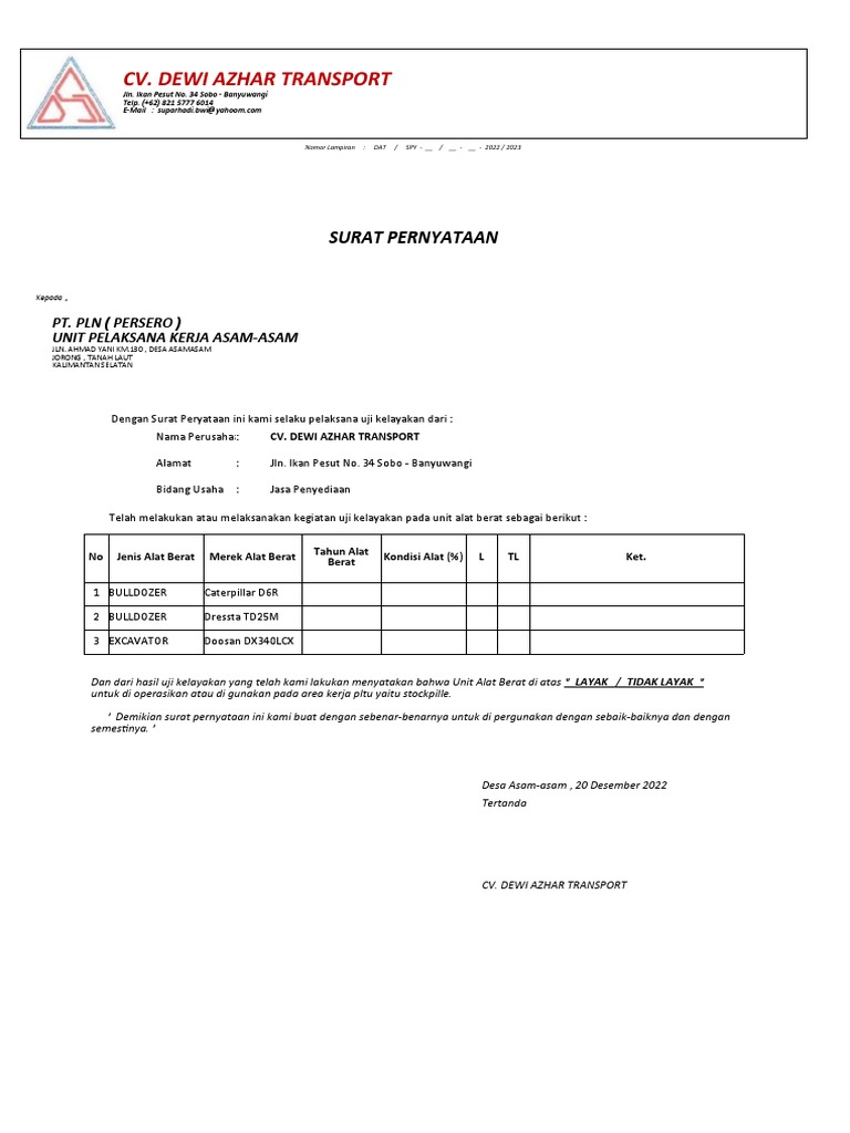Uji Kelayakan Alat Berat CV. Dewi Azhar | PDF