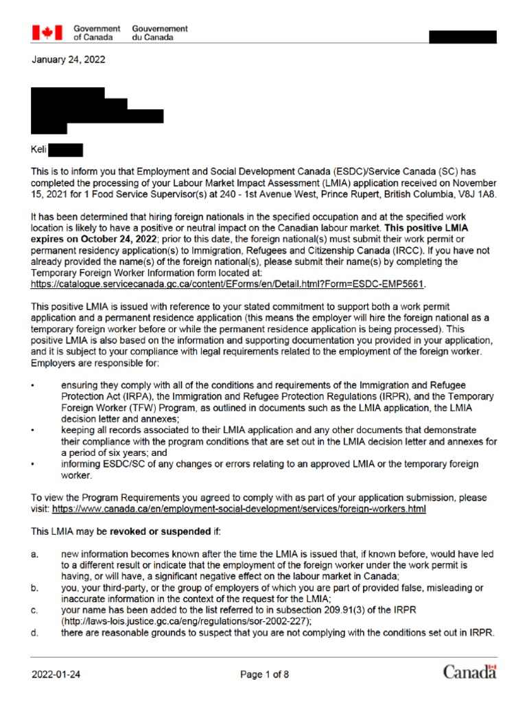 FS Sup LMIA 8805100 Letter of Decision Redacted 1 | PDF