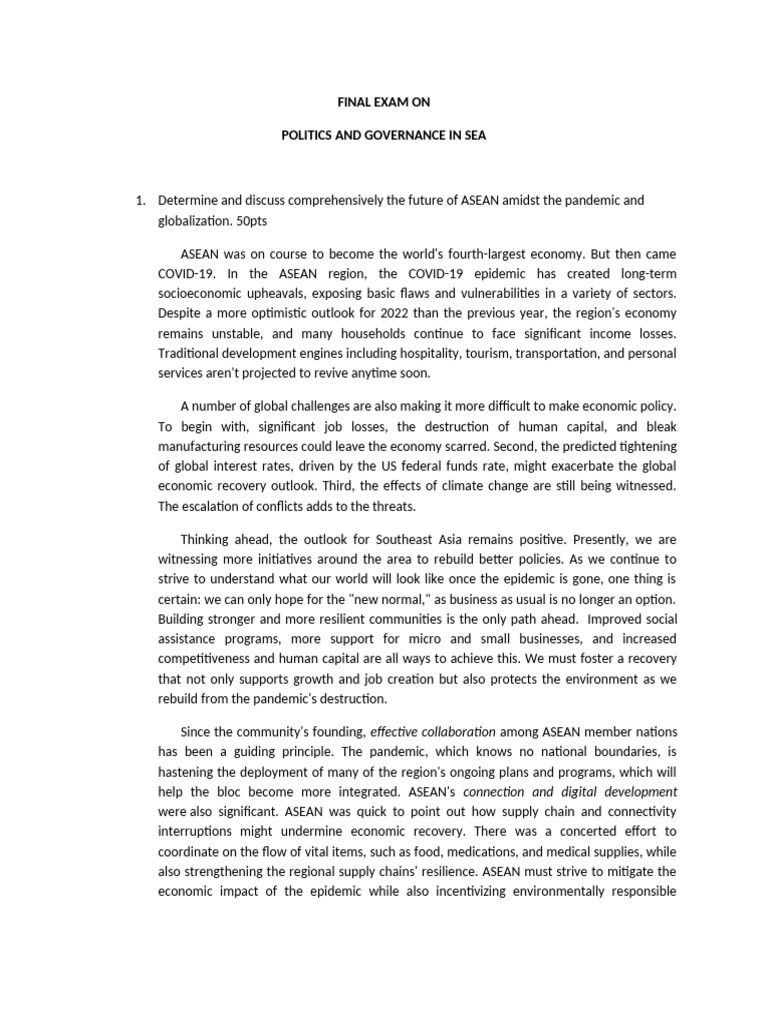 Final Exam On Pol Gov in SEA | PDF | Economies | Natural Environment