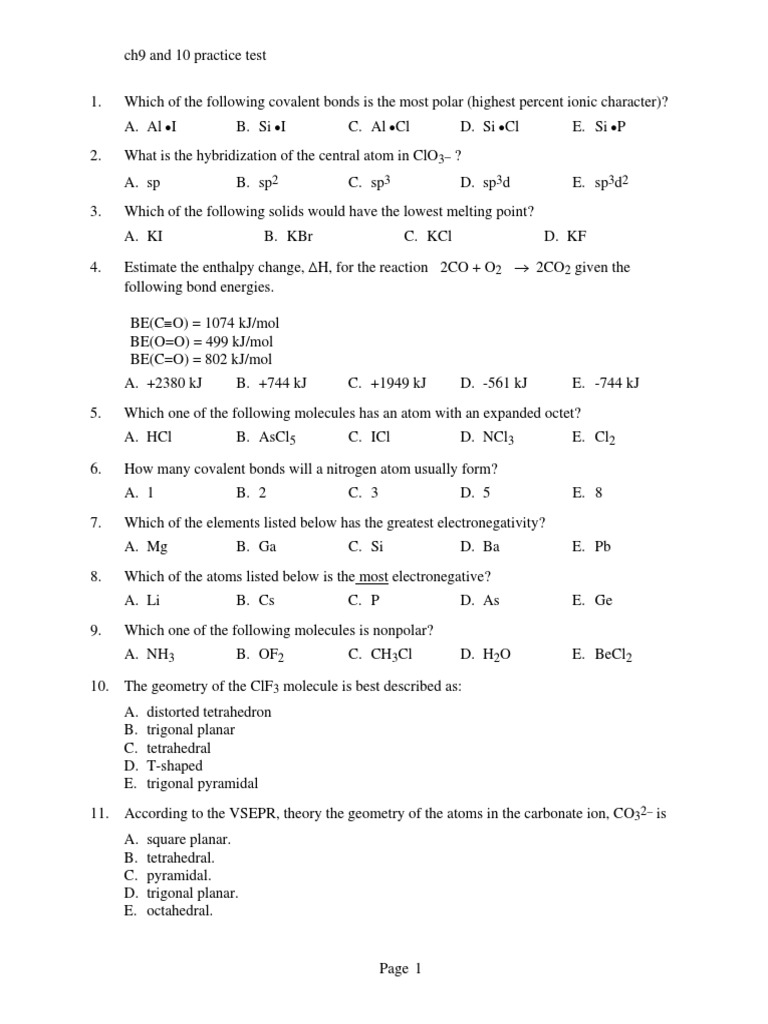 2-ch9 and 10 Practice Test | PDF | Covalent Bond | Chemical Polarity