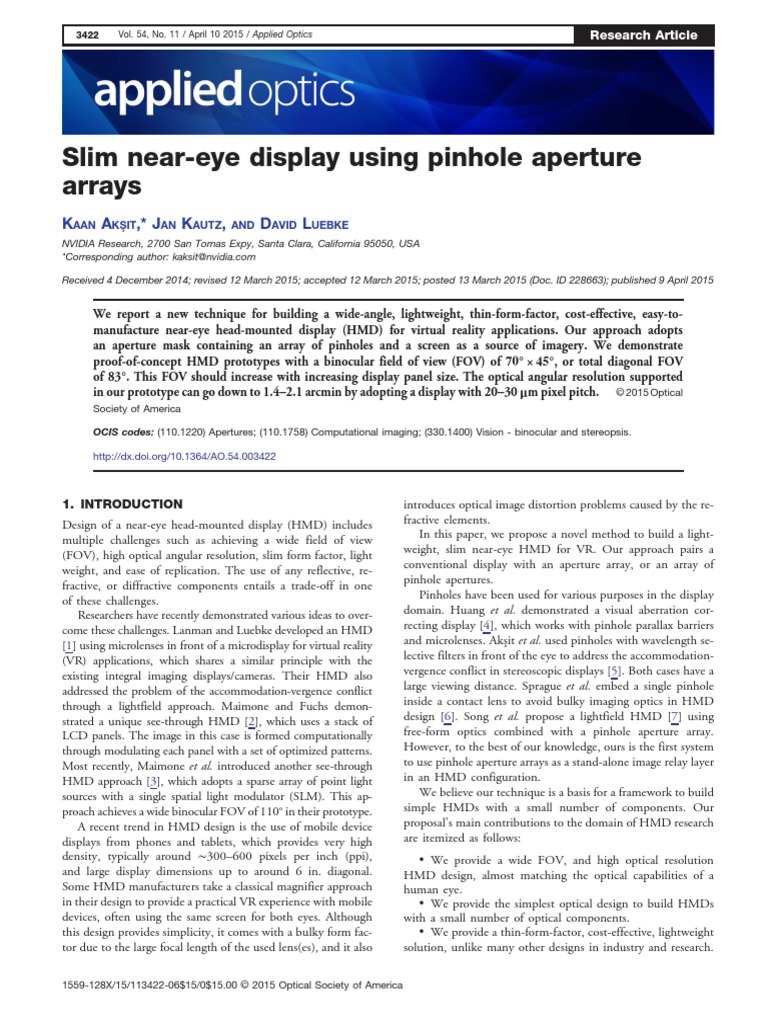 HMD Display Using Pinhole Arrays | PDF | Angular Resolution | Optics