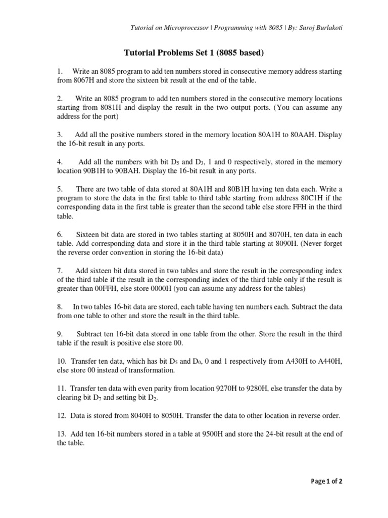 Programming Exercises For Adding Subtracting Transferring And Converting Data Using 8085 