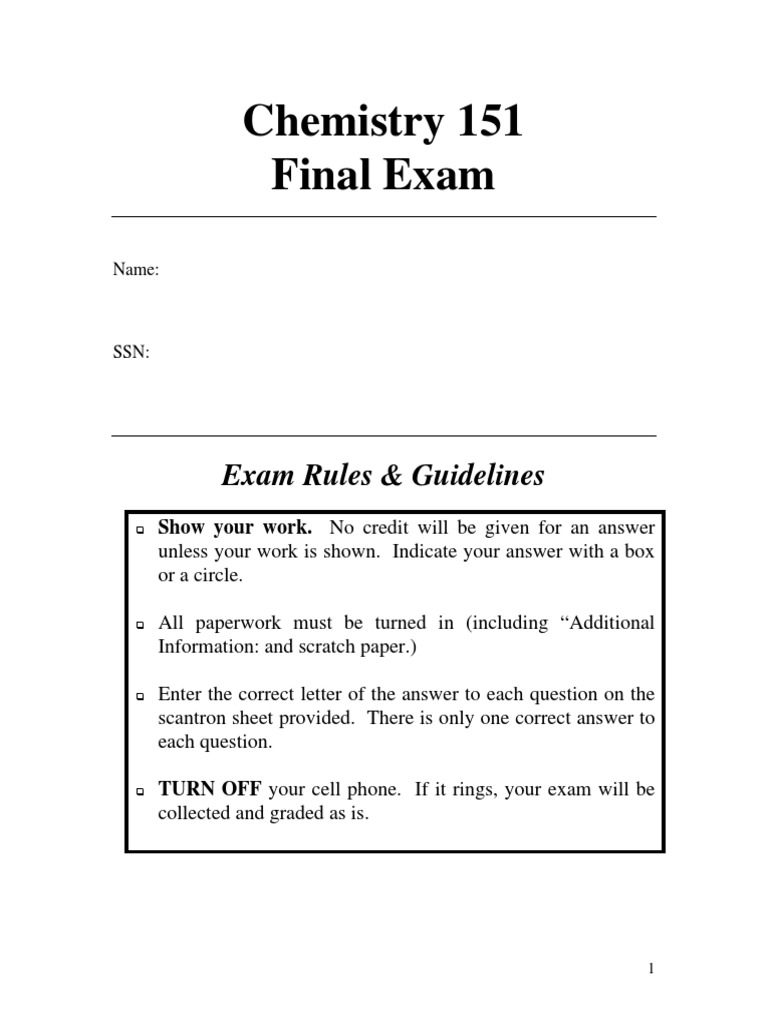 5-Chemistry 151 Final Exam | PDF | Mole (Unit) | Gases