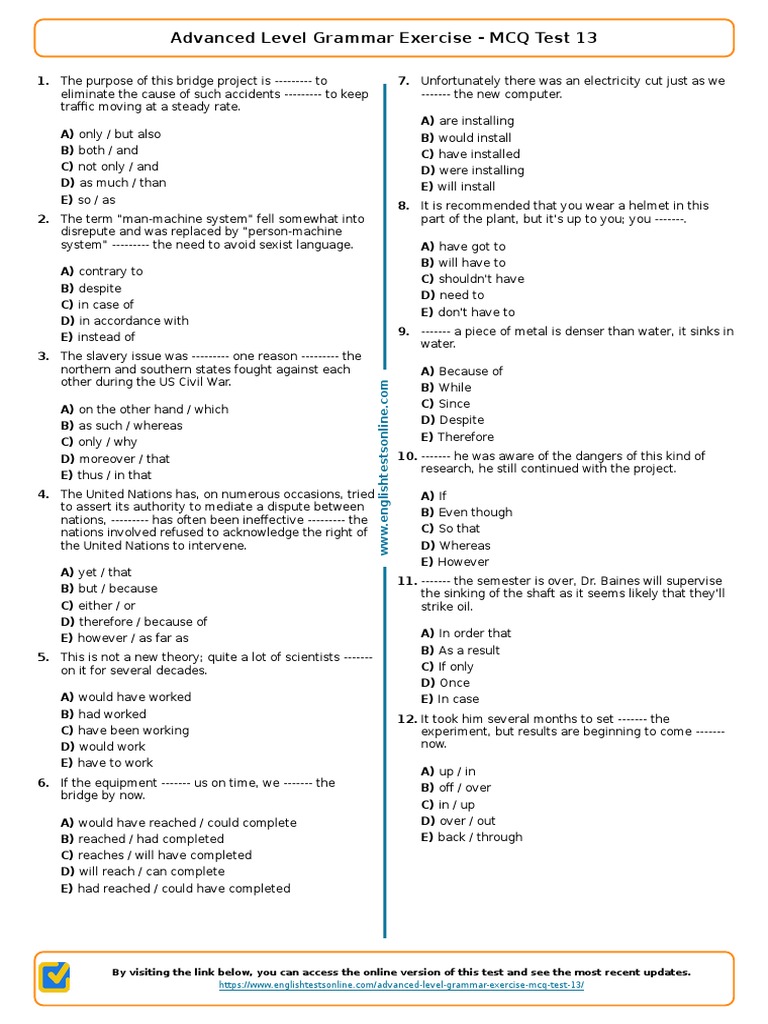 836 - Advanced Level Grammar Exercise MCQ Test 13 | PDF | Science