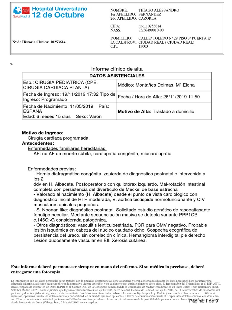Informe Alta Thiago | Descargar gratis PDF | Privacidad de la información | Historial médico