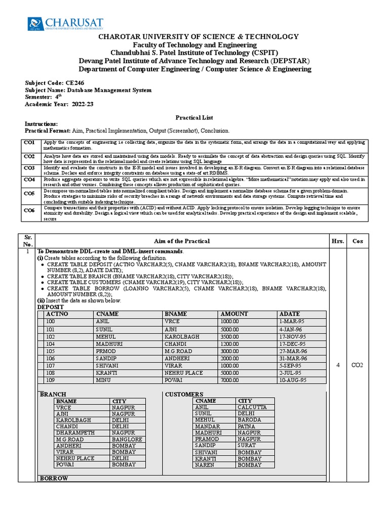 CE246 DBMS Practical List - 2022-23 | PDF | Databases | Relational Model