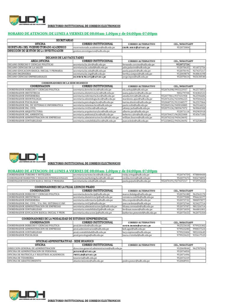 Directorio de Correos y Horarios UDH | PDF | Business | Industrias de ...