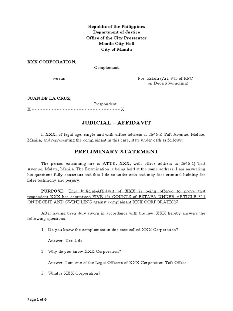 Judicial Affidavit Estafa | PDF | Perjury | Government