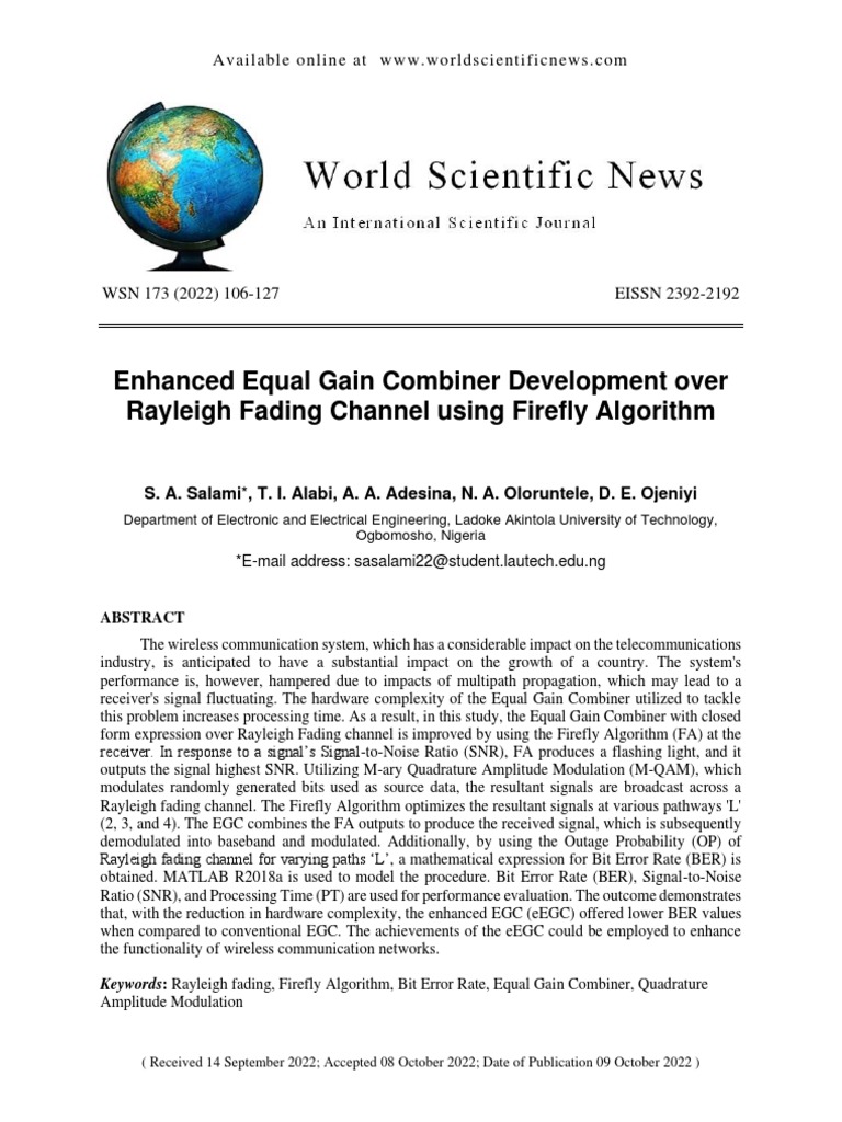 Enhanced Equal Gain Combiner Development Over Rayleigh Fading Channel Using Firefly Algorithm ...