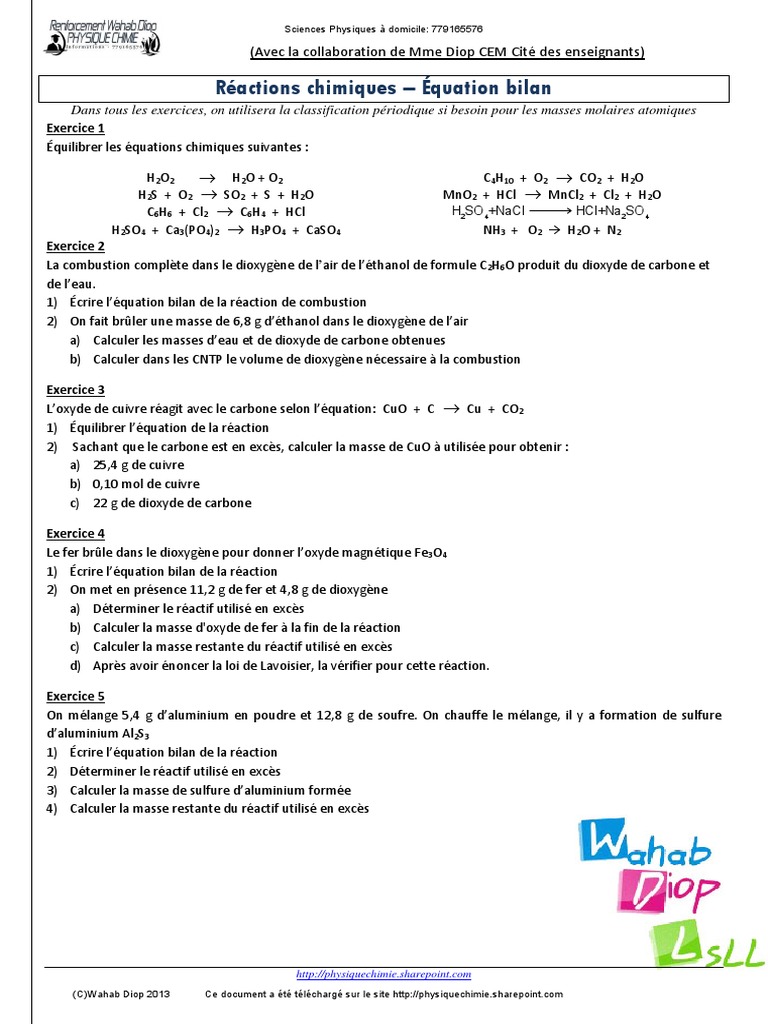 Exercices corrigés sur les réactions chimiques | PDF | Oxyde | La ...