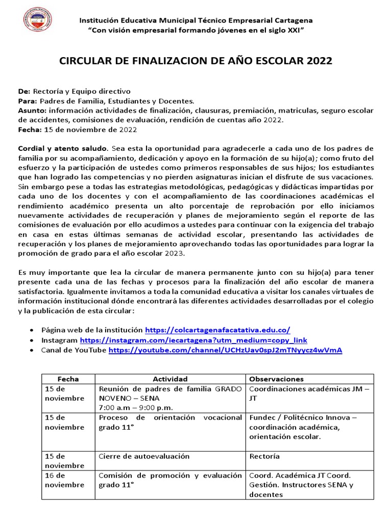 Circular de Finalización 2022 Definitiva-1 | PDF | Educación de la ...