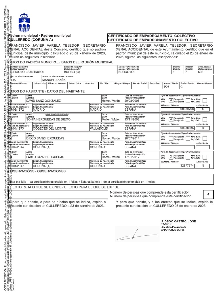 Padrón Municipal - Padrón Municipal Culleredo (Coruña A) Certificado de ...