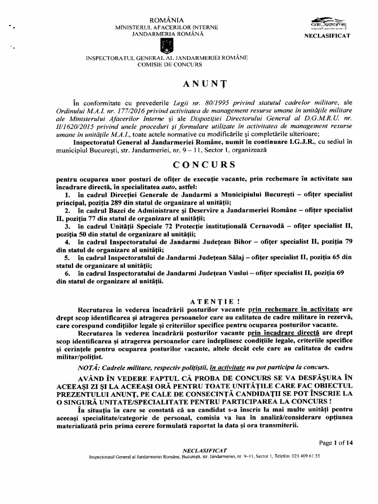 Anunt Concurs Incadrare Directa Rechemare in Activitate Ofiter Specialist Principal AUTO | PDF