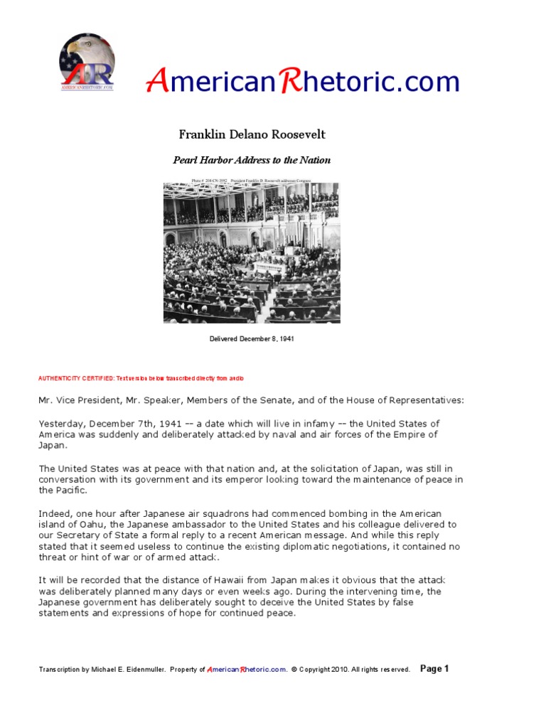 FDR's Pearl Harbor Address Transcript | PDF | Empire Of Japan | Attack ...