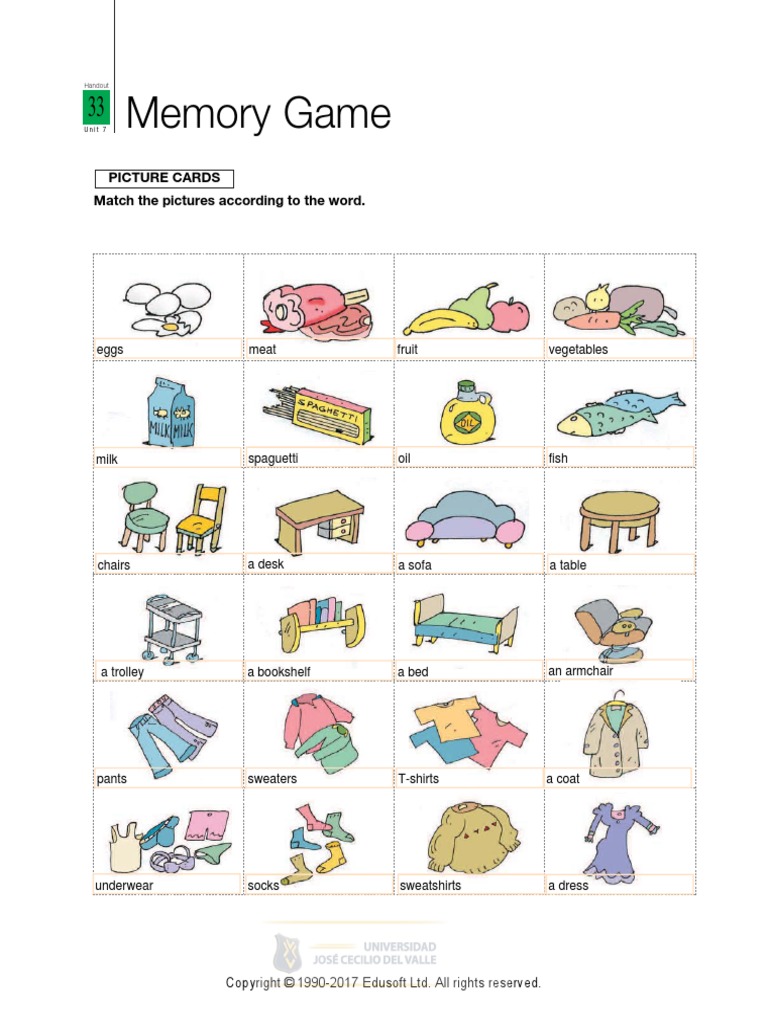 14 Basic I Handout 33 Unit 7 For Sale Memory Game | PDF
