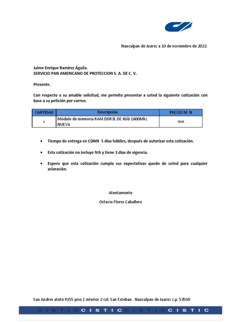 Cotización Ram 8gb DDR3 para Laptop (TLA-FER) | PDF