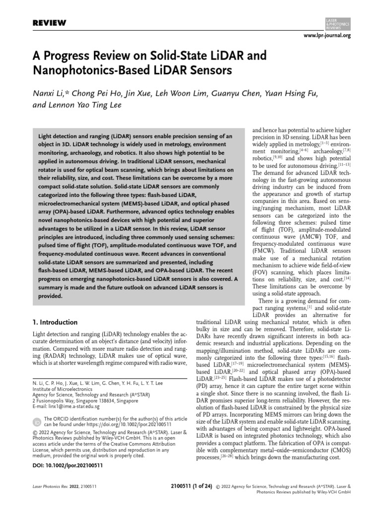 A Progress Review On Solid State LiDAR and Nanophotonics Based LiDAR Sensors | PDF | Lidar ...