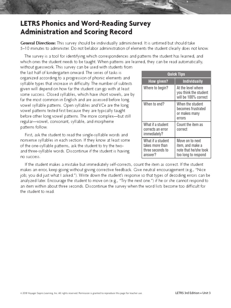 LETRS Phonics and Word-Reading Survey Administration and Scoring Record ...