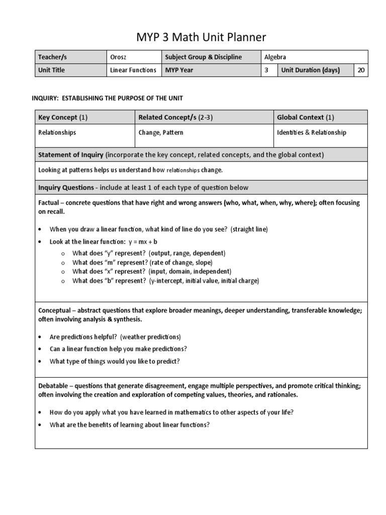 MYP 3 Math Unit Planner - Linear Functions | PDF | Educational ...