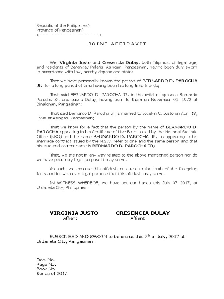 Joint Affidavit for Bernardo D. Parocha Jr. | PDF | Social Science
