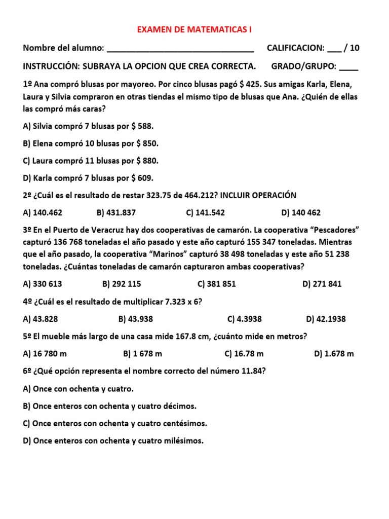 Examen de Matematicas I | PDF