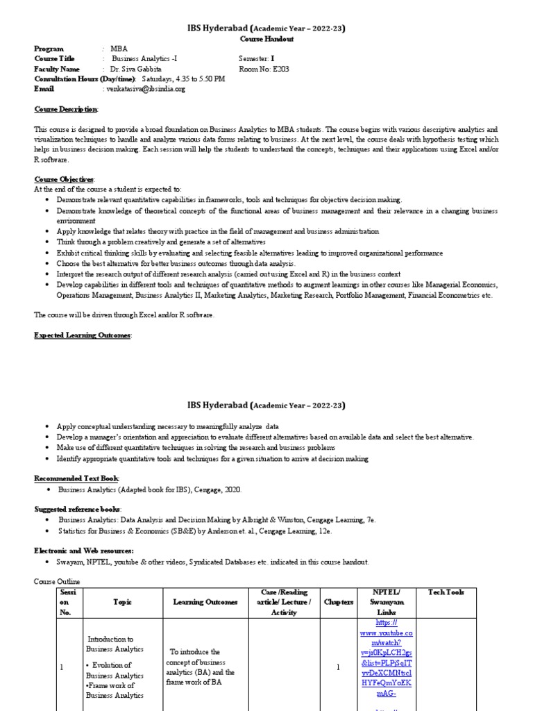 MBA BA Course Handout 2024 | PDF | Data Analysis | Analytics