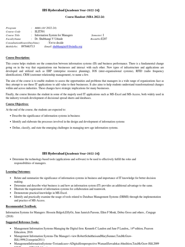 MBA ISM Course Handout 2024 | PDF | Databases | Information System