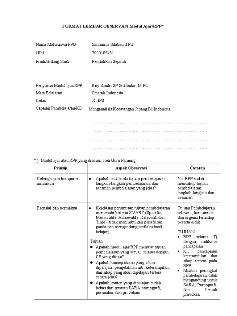 Lampiran 2 - Contoh Format Lembar Observasi RPP | PDF