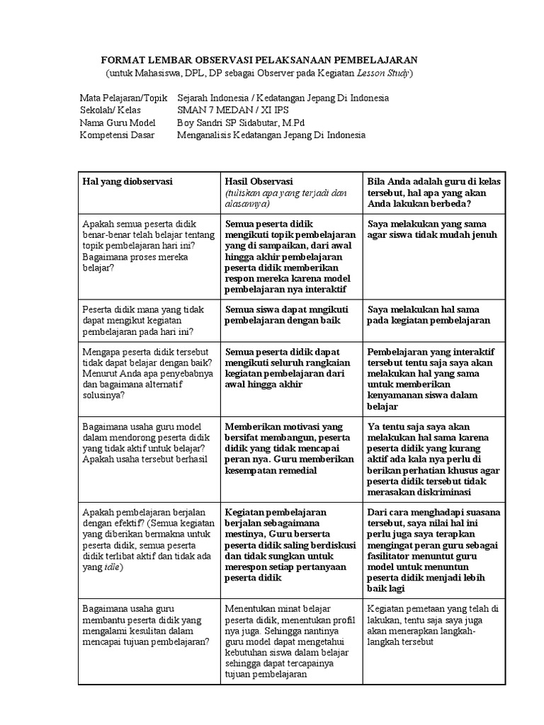 Lampiran 3 - Format Lembar Observasi Pelaksanaan Pembelajaran Untuk Observer | PDF