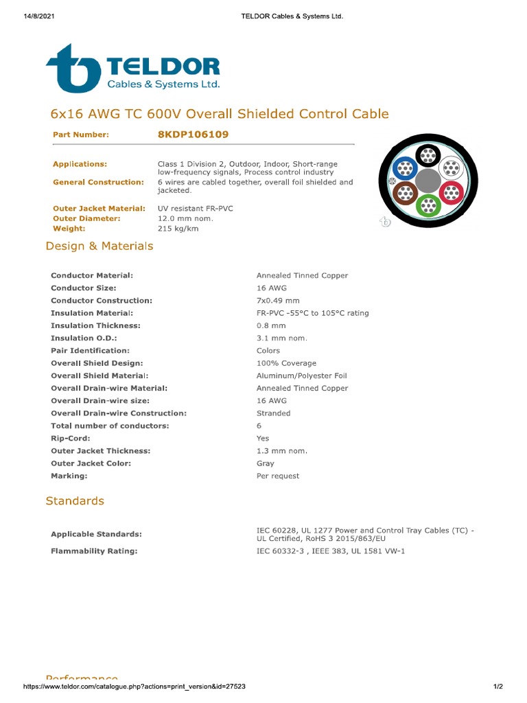 Cable de Control Blindado General 6x16 AWG TC 600V | PDF