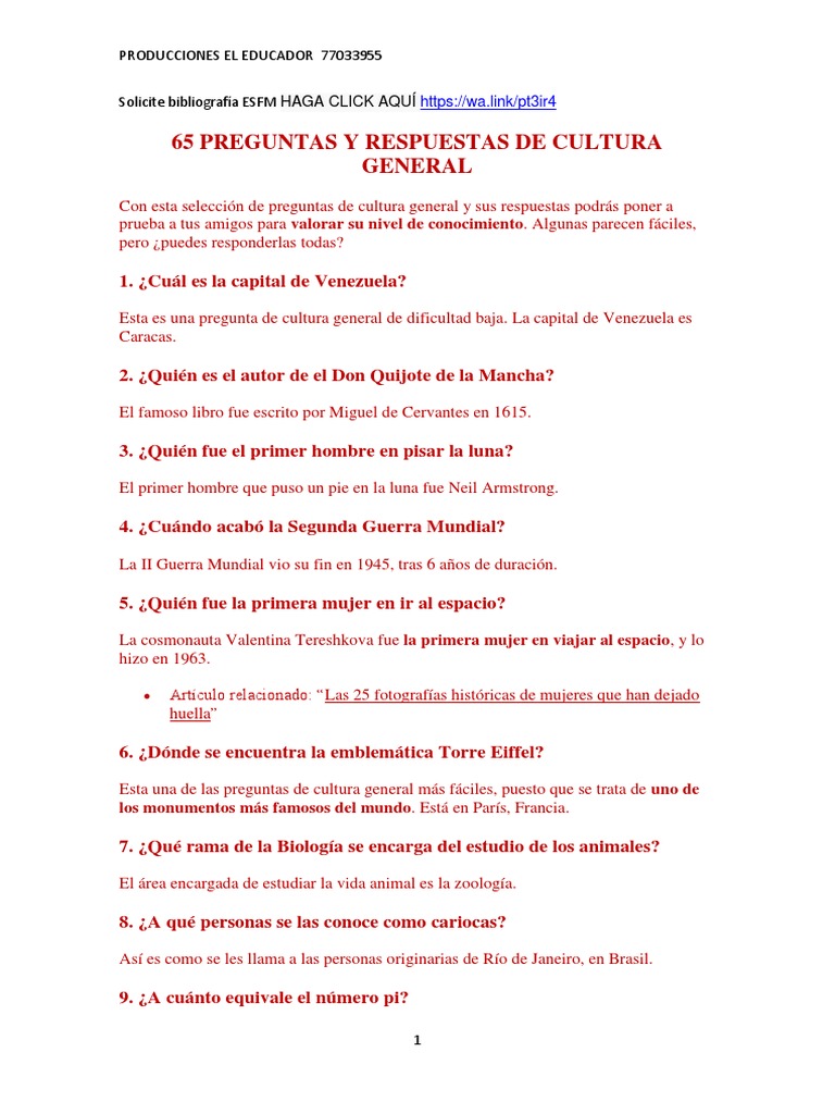 65 Preguntas y Respuestas de Cultura General | PDF | Francia | La ...