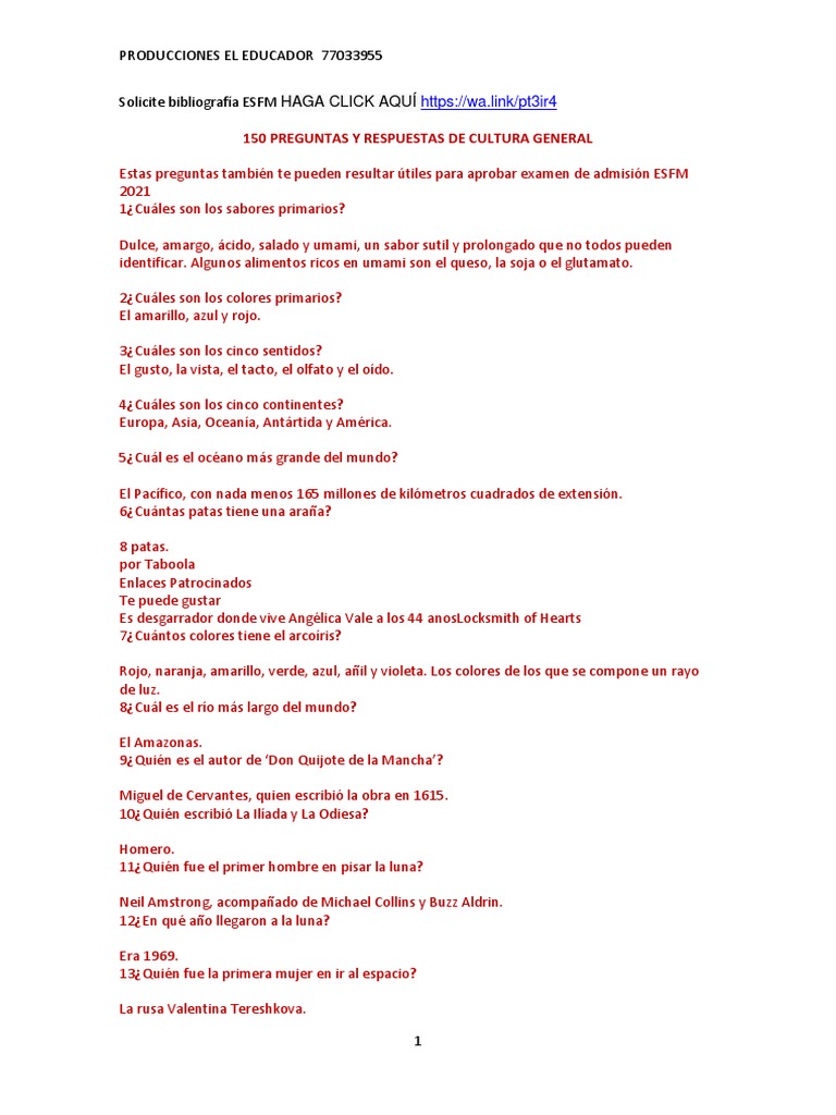 150 Preguntas y Respuestas de Cultura General | PDF | Libros para ...