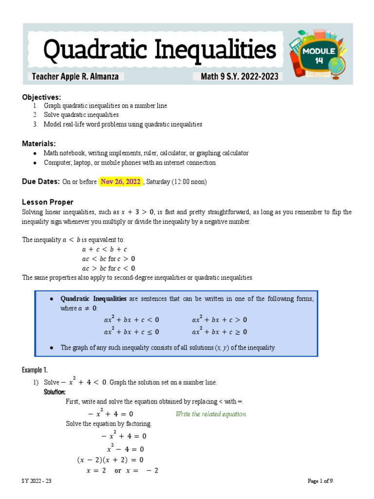 Solving Quadratic Inequalities | PDF | Quadratic Equation | Inequality ...