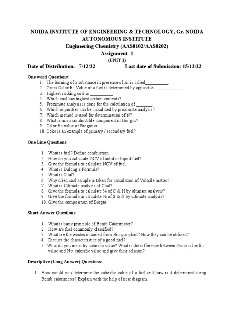 Chemistry Assignment-1 Unit 1 | PDF | Coal | Nature